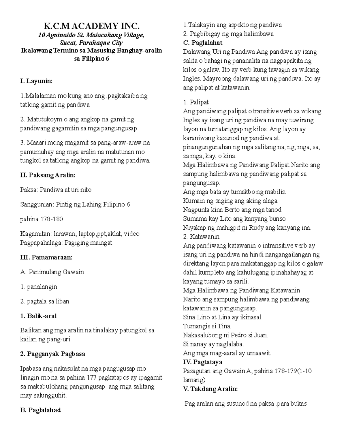 Lesson Plan in Filipino Grade 6 - K.C ACADEMY INC. 10 Aguinaldo St ...