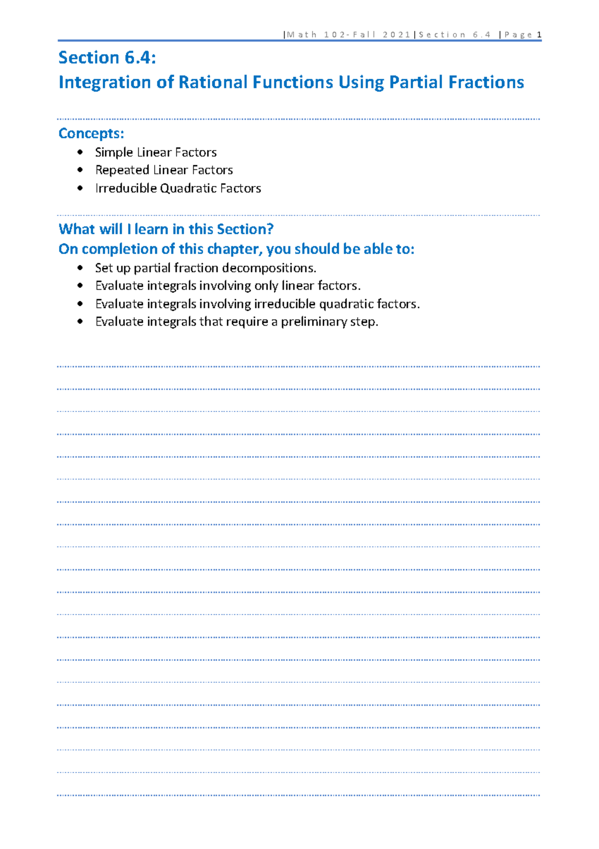 Section 6 - Lecture note solutions - Section 6: Integration of Rational ...