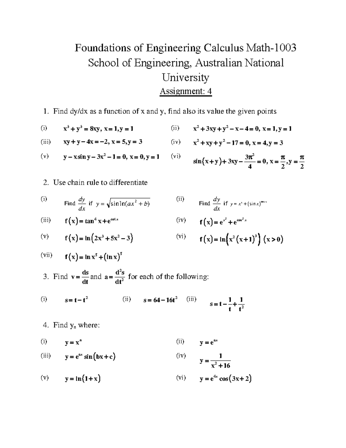 Assignment N0 4 Math 1003 - Foundations of Engineering Calculus Math ...