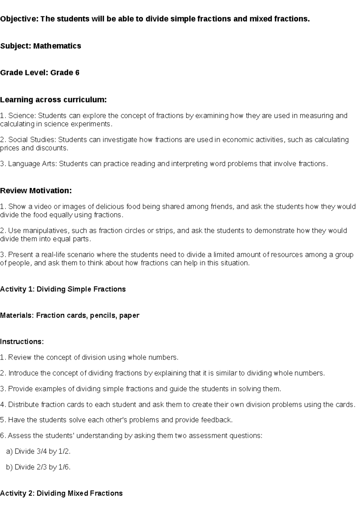 Grade 6 4th week - Objective: The students will be able to divide ...
