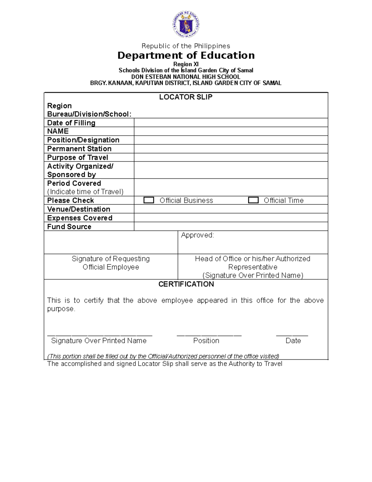 Locator SLIP - Republic of the Philippines Department of Education ...