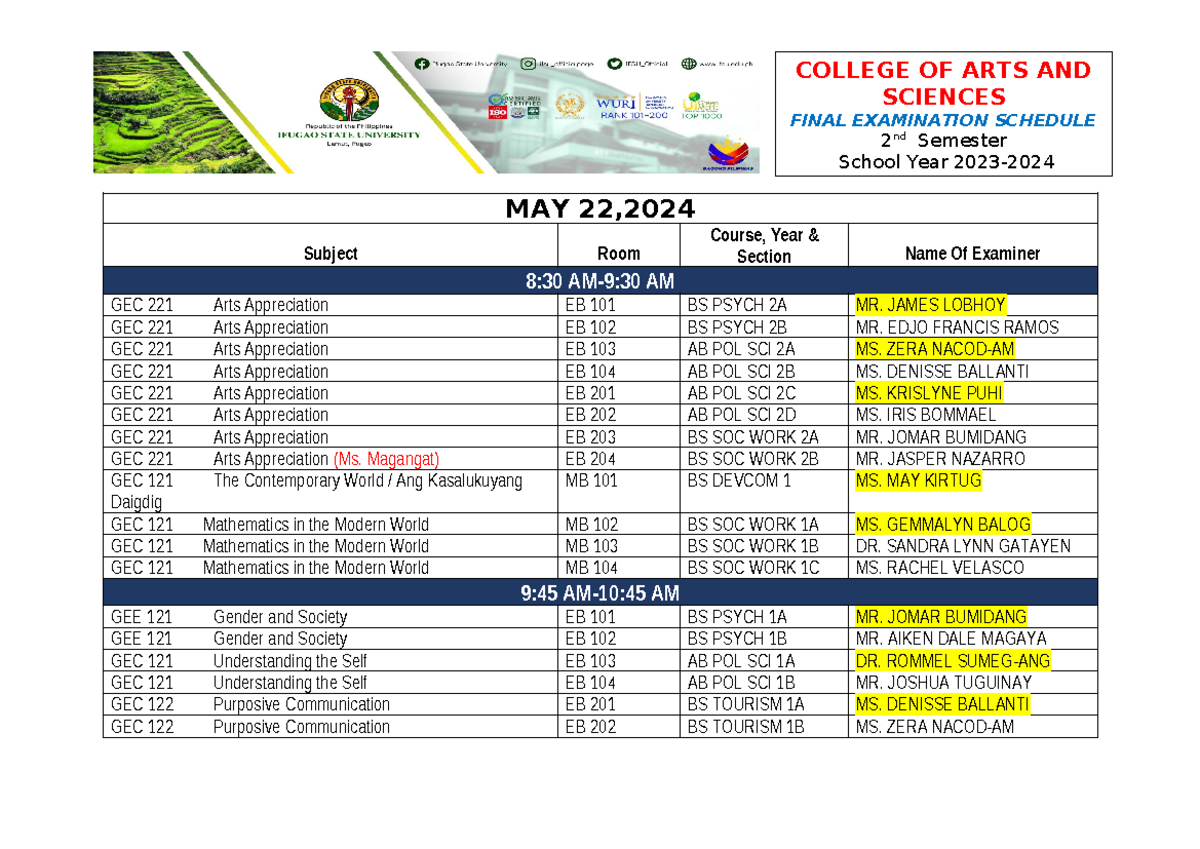 2nd sem Finals - SCHEDULE - SCIENCES FINAL EXAMINATION SCHEDULE 2 nd ...