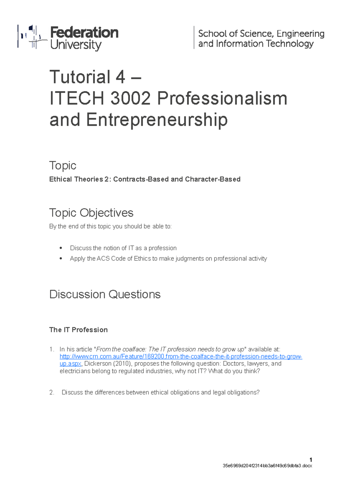 Itech 3002 04 tutorial - lab work of week three only file here no answers - Tutorial 4 – ITECH ...