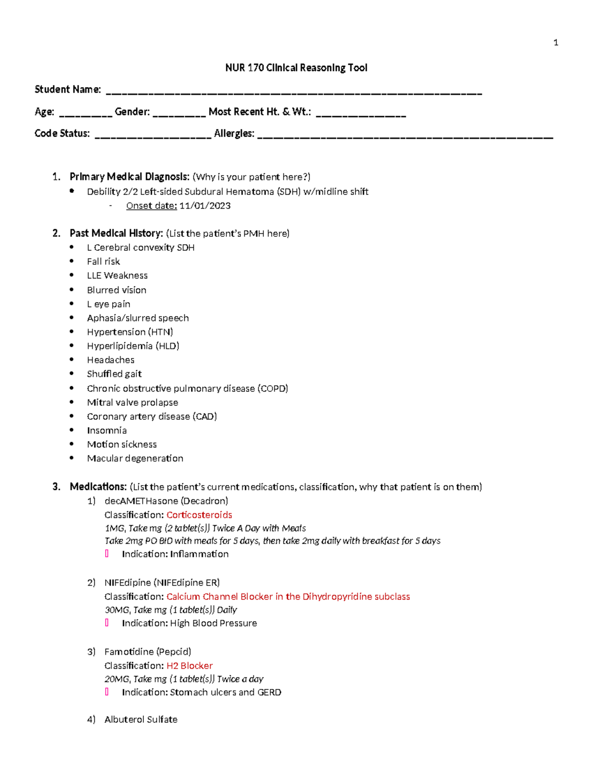 Clinical Reasoning Tool - NUR 170 Clinical Reasoning Tool Student Name ...