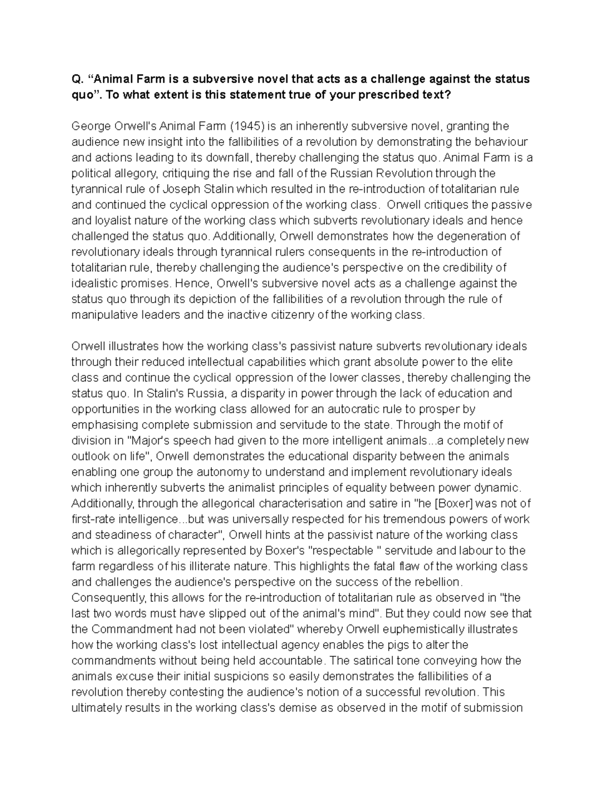 Sample Animla Farm Essay - Q. “Animal Farm is a subversive novel that ...