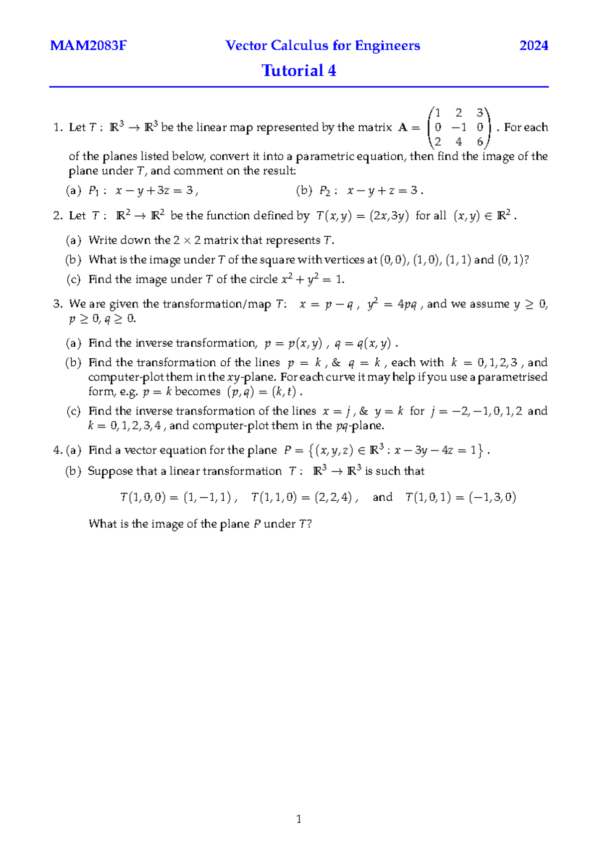 Tut04 MAM2083 85F 2024 - TUT 4 - including - MAM2083F Vector Calculus for Engineers 2024 ...