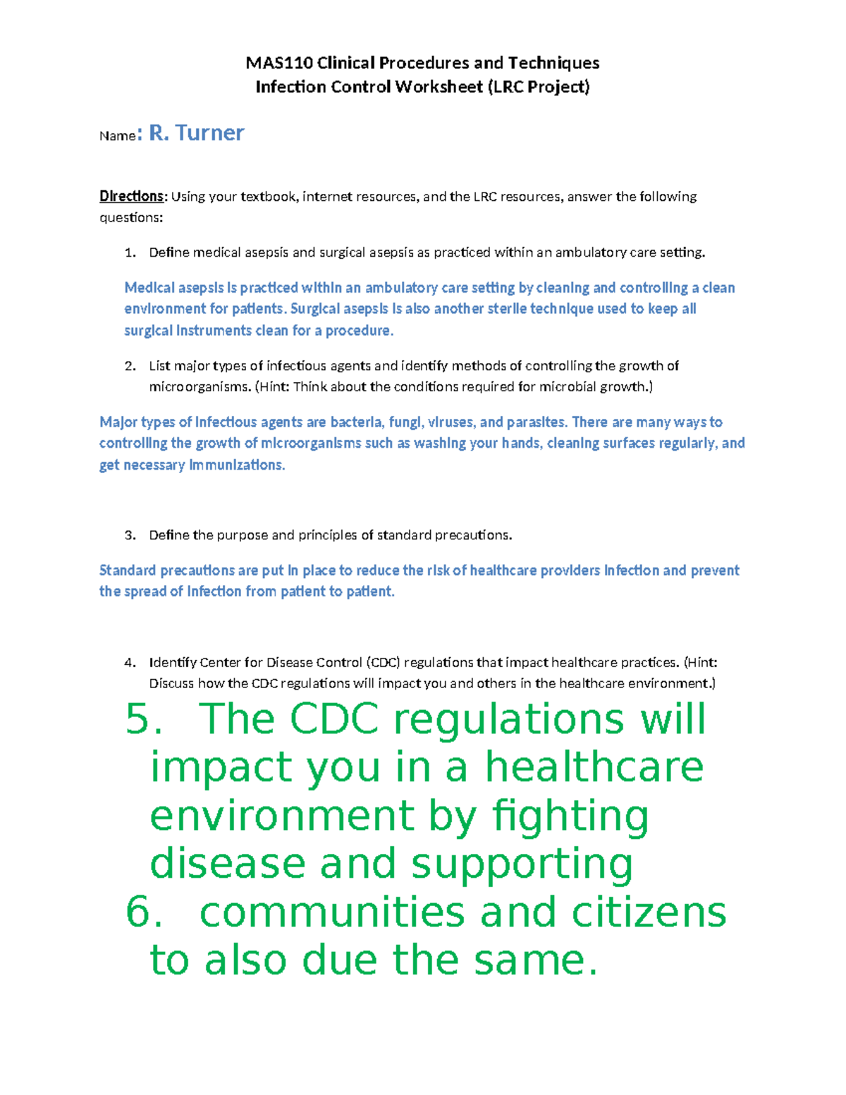 MAS110 Infection Control Worksheet done - MAS110 Clinical Procedures ...