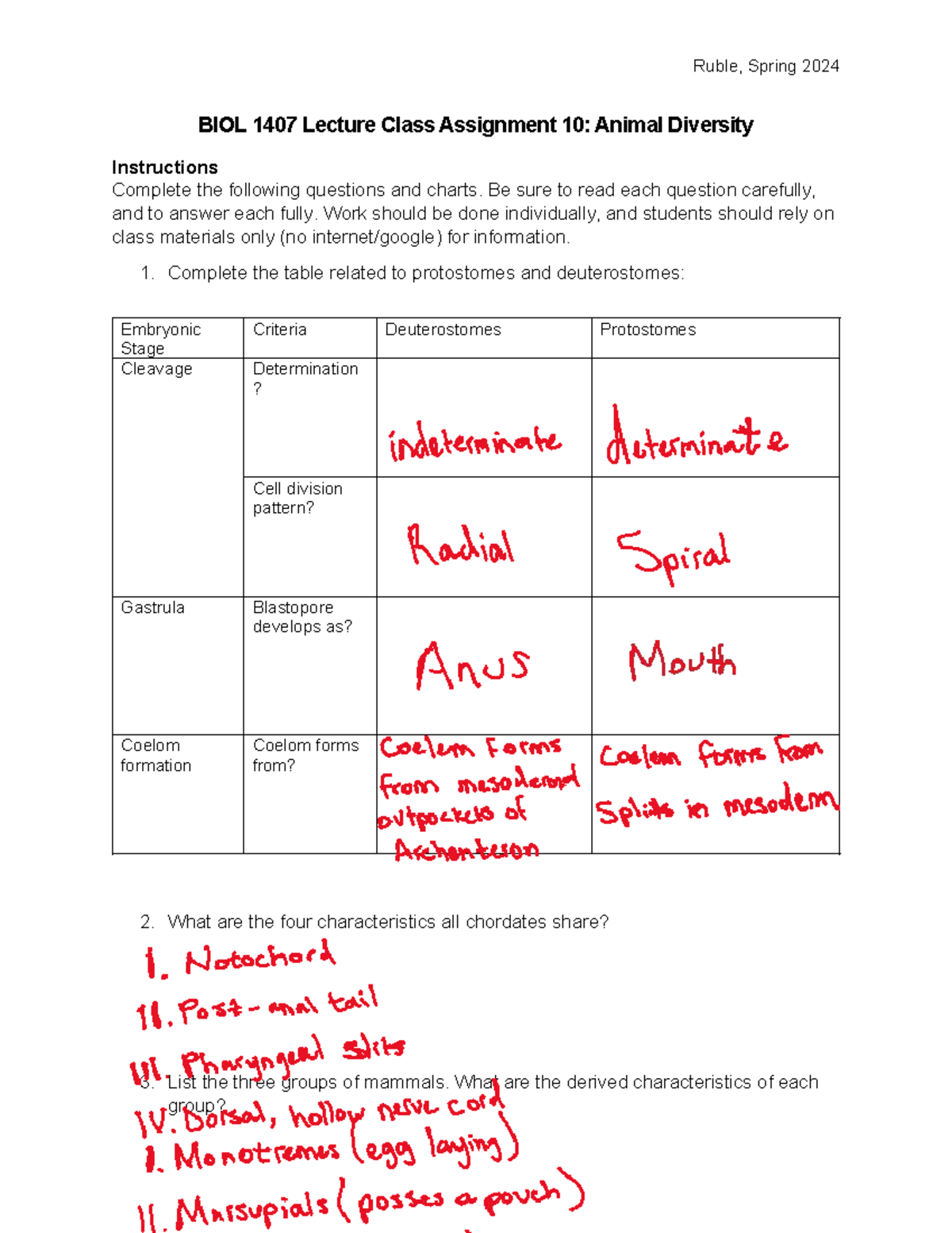 BIOL 1407 Class Assignment 10 Animal Diversity - BIOL 1407 Lecture ...
