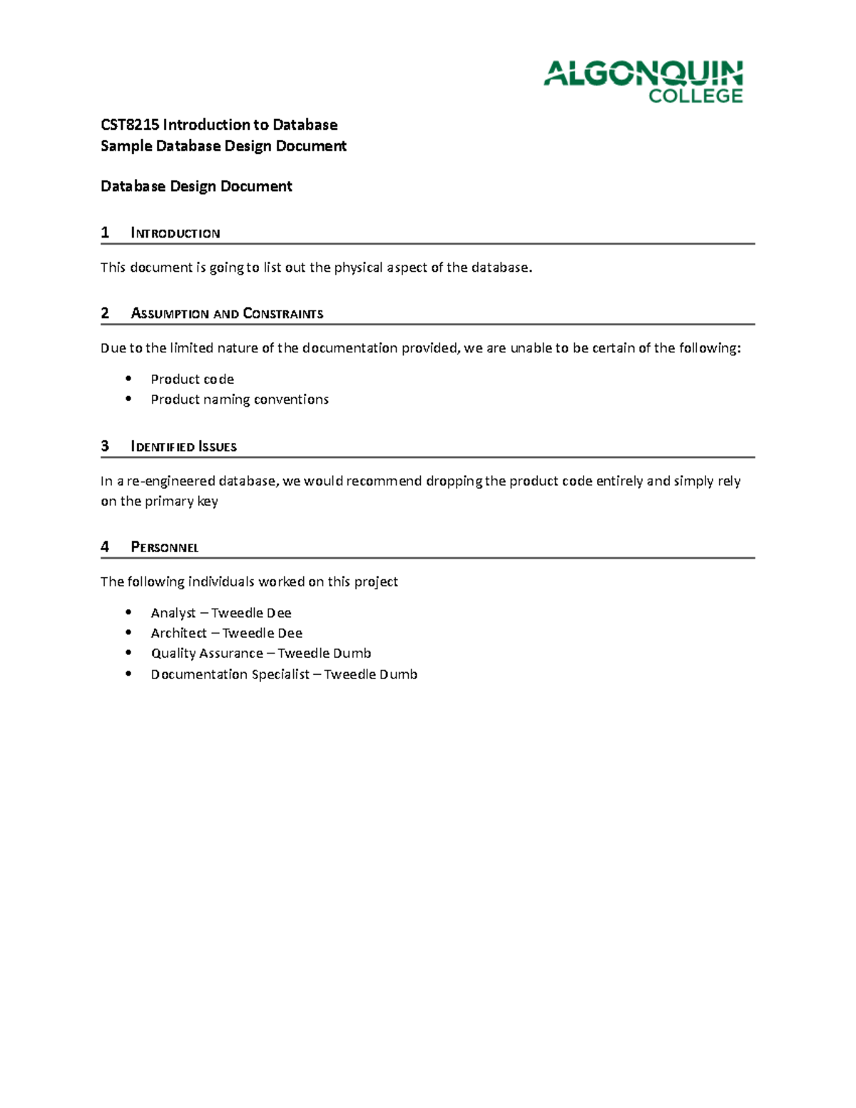 Cst8215 Sample Database Design Document Cst8215 Introduction To Database Sample Database
