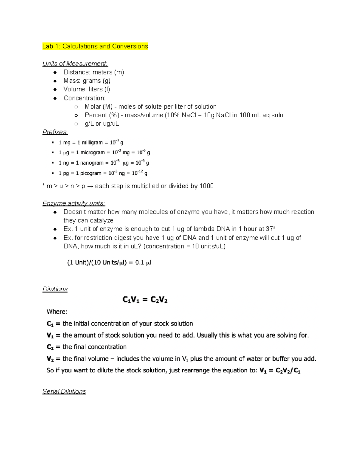 Bio 6B Lab Notes #1 - Lab 1: Calculations and Conversions Units of ...