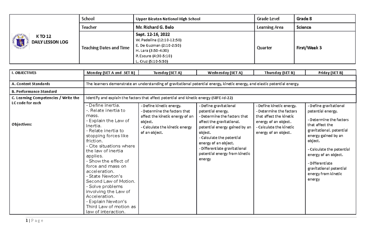 Science 8 1st Q 3rd Week DLL Physics - K TO 12 DAILY LESSON LOG School ...