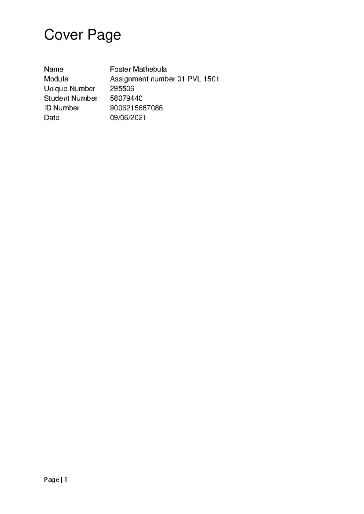 PVL 1501 Assignment no 1 - Cover Page Name Foster Mathebula Module Assignment number 01 PVL 1501 ...