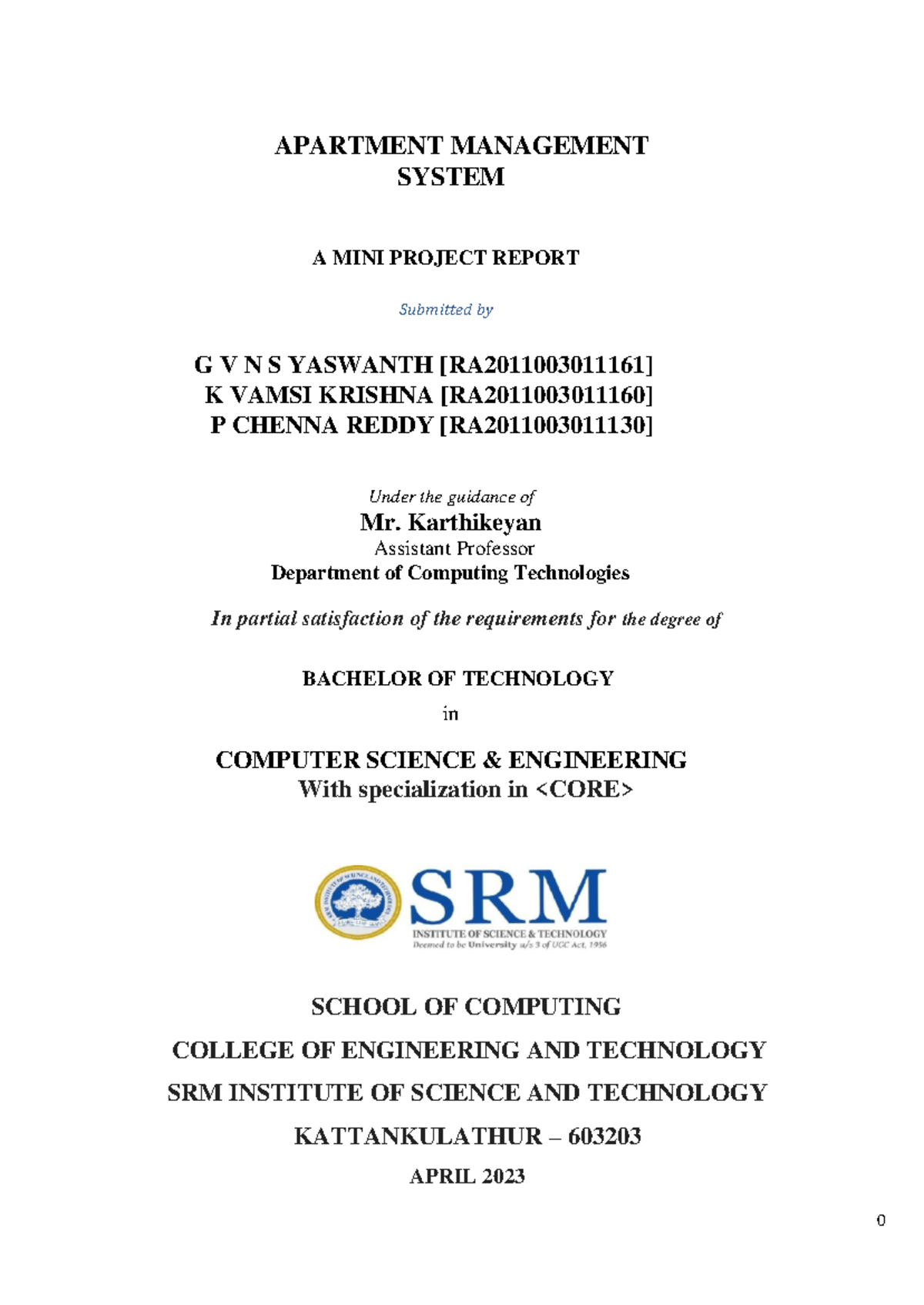 DBMS Final - APARTMENT MANAGEMENT SYSTEM A MINI PROJECT REPORT Submitted by G V N S YASWANTH ...