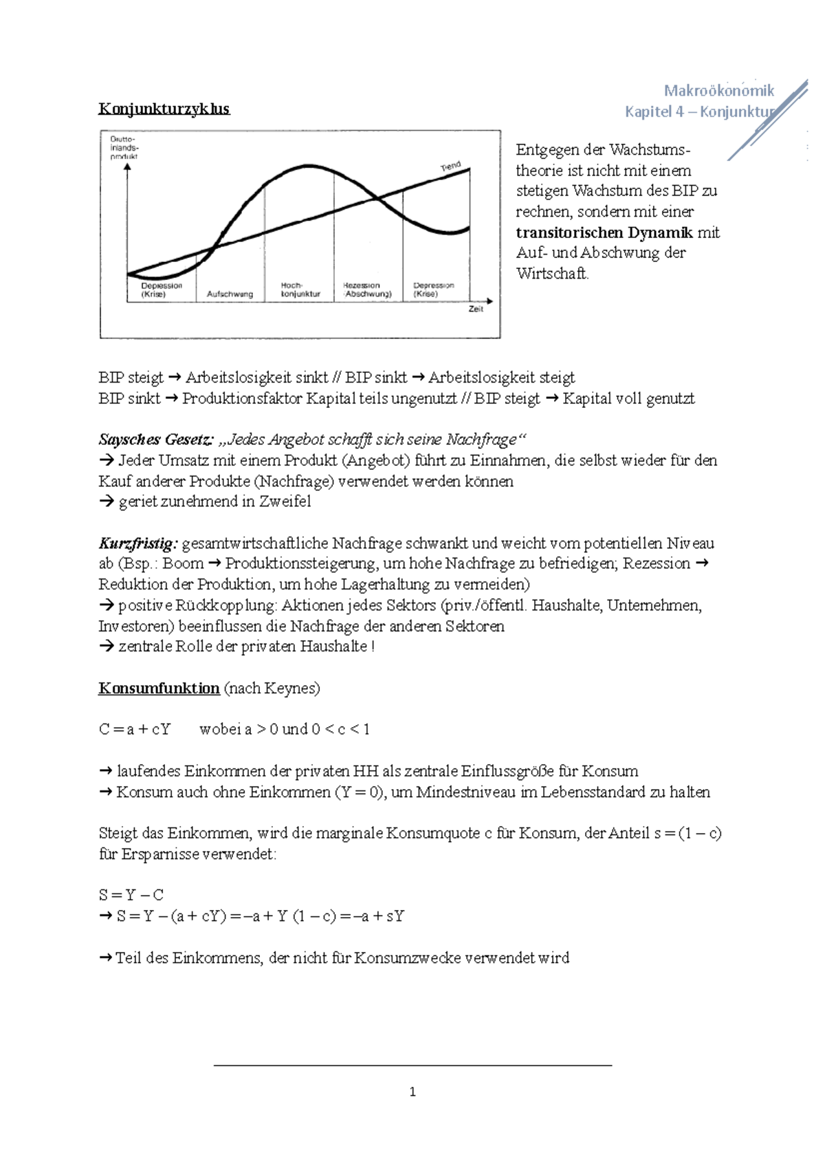 04 Konjunktur - Mitschrift zum Modul VWL bei Herrn Fiebig, im WS 2021, Klausur wurde mit gut ...