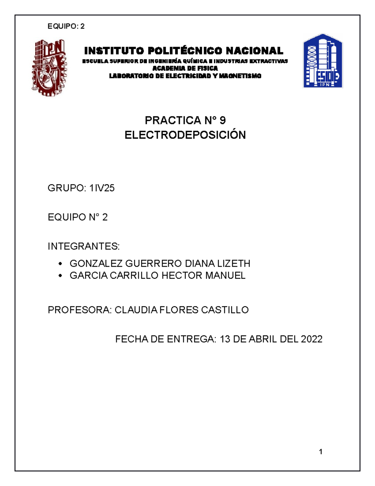 Lab Ey M 9 - Practica de laboratorio de electricidad y magnetismo. - INSTITUTO POLITÉCNICO ...