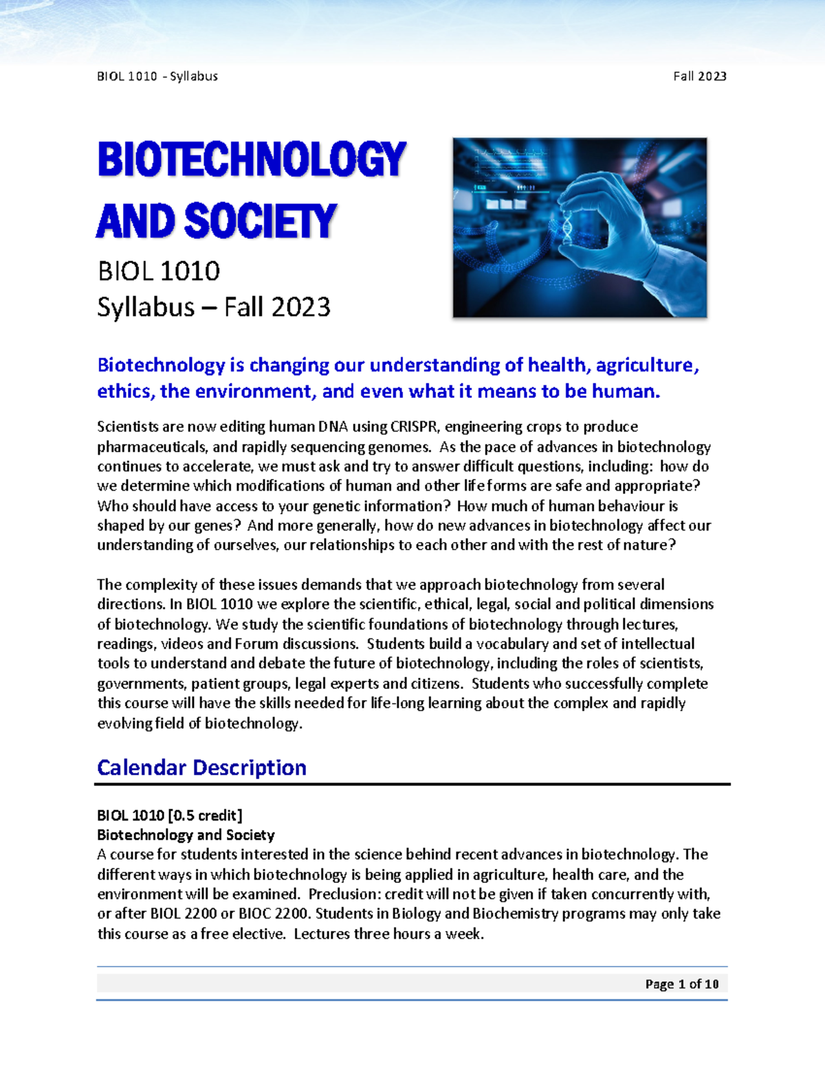 BIOL1010 Fall 2023 Syllabus 04 - BIOTECHNOLOGY AND SOCIETY BIOL 1010 Syllabus – Fall 2023 - Studocu