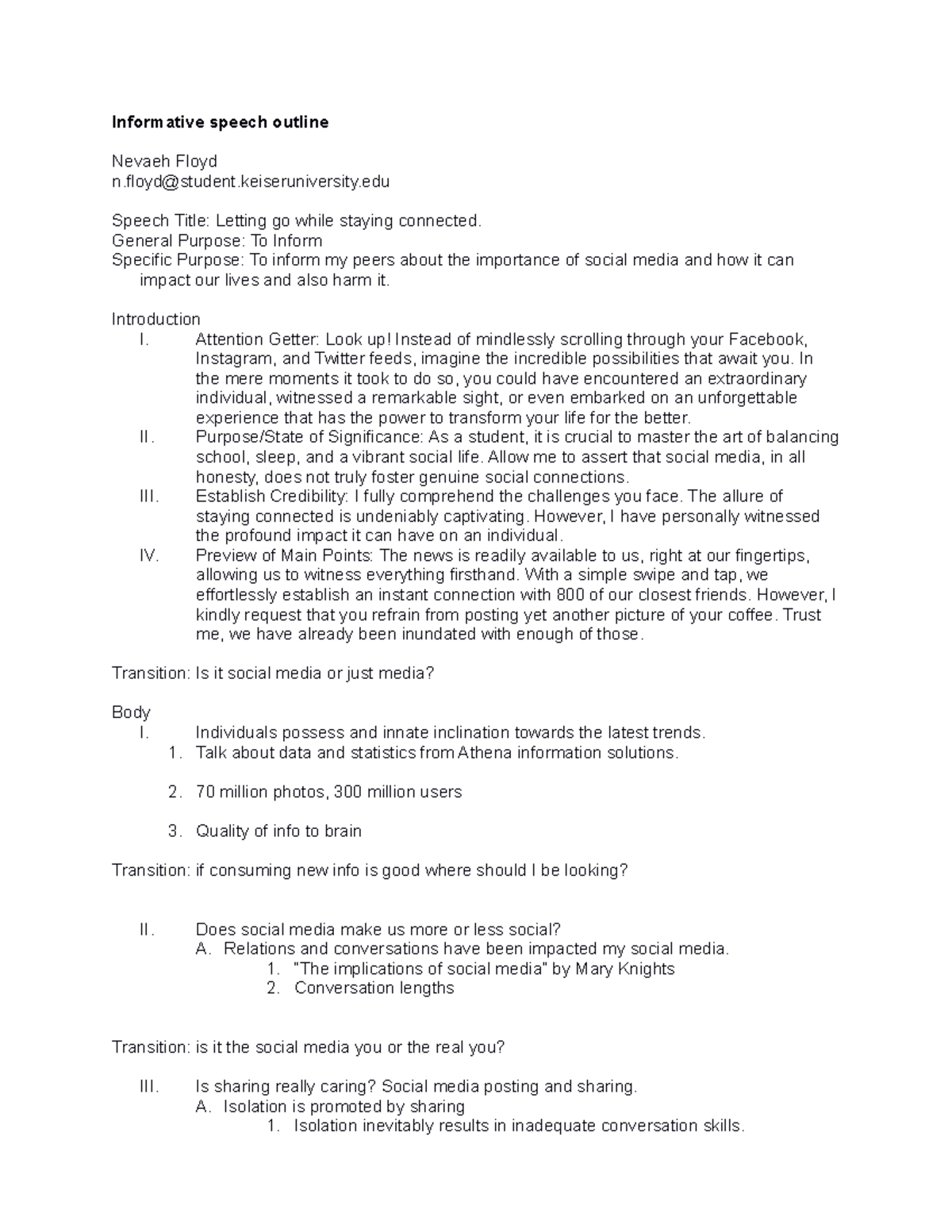 Speech outline complete - Informative speech outline Nevaeh Floyd n ...