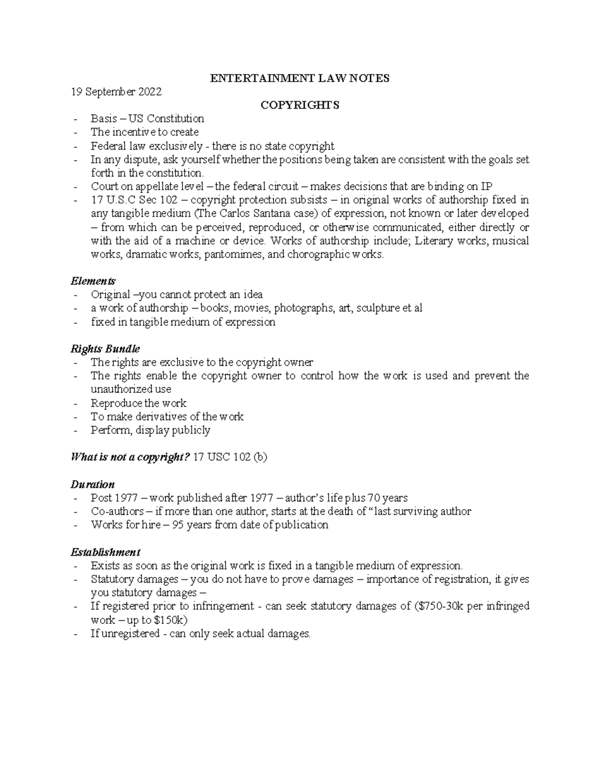 Entertainment LAW Notes - ENTERTAINMENT LAW NOTES 19 September 2022 ...