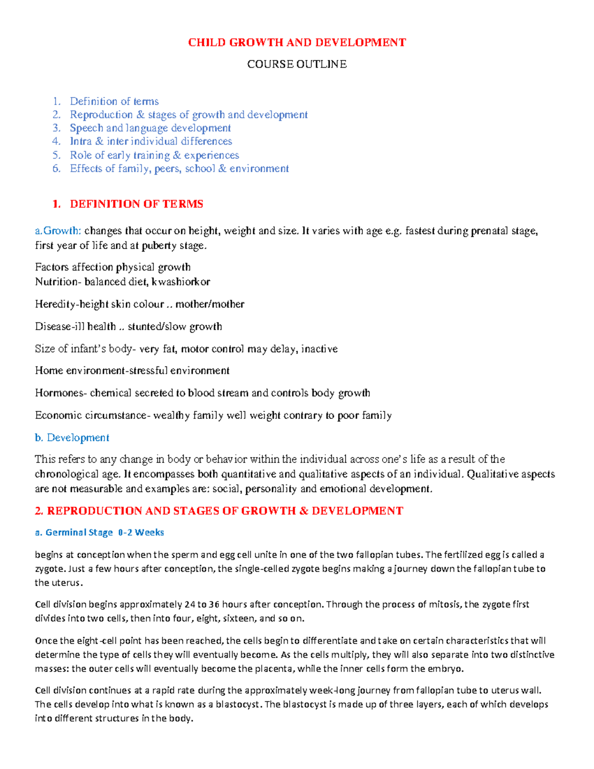 Child Growth and Development Notes - CHILD GROWTH AND DEVELOPMENT ...