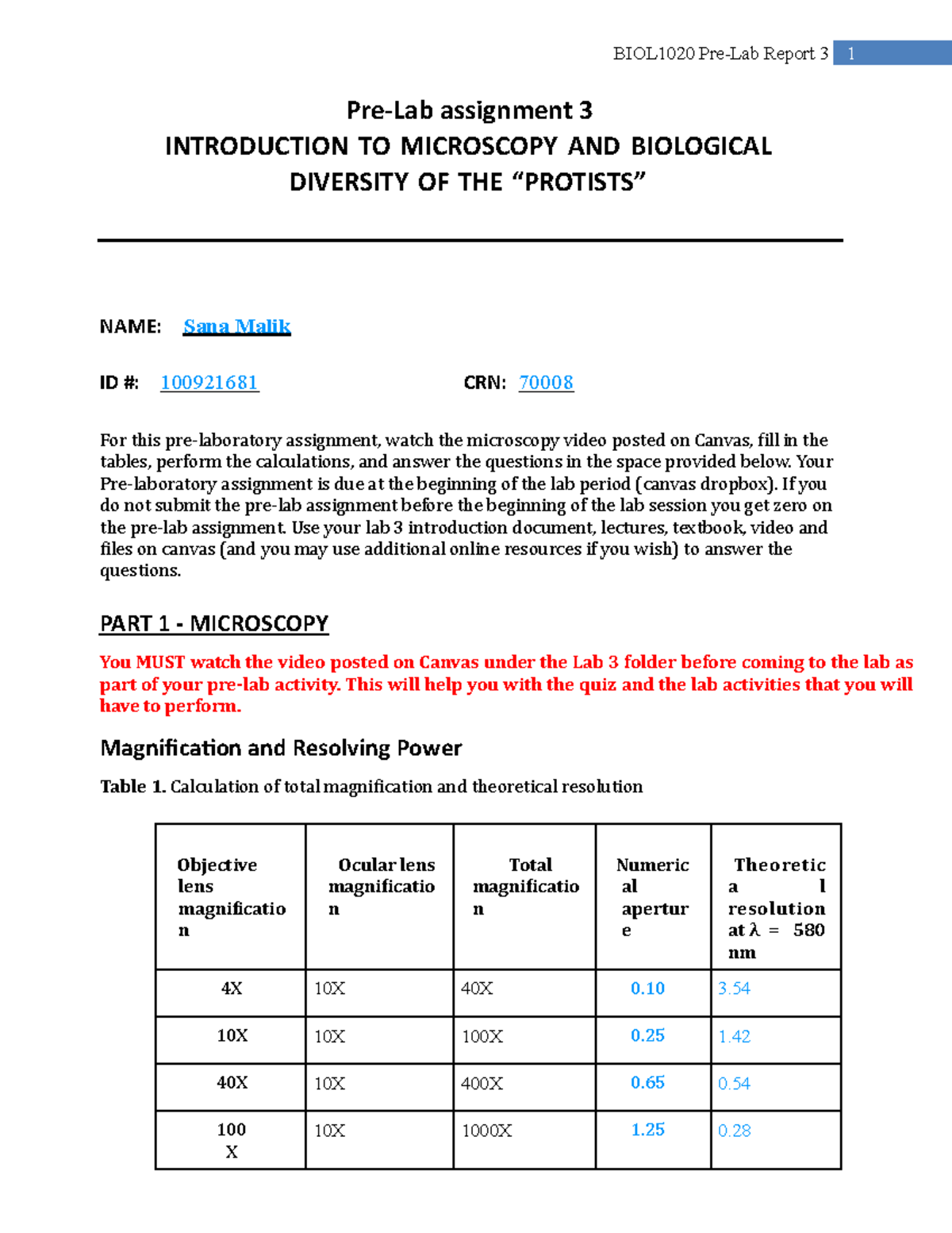 Sana Malik Lab 3 Pre-Lab Assignment W2024 - Pre-Lab assignment 3 INTRODUCTION TO MICROSCOPY AND ...