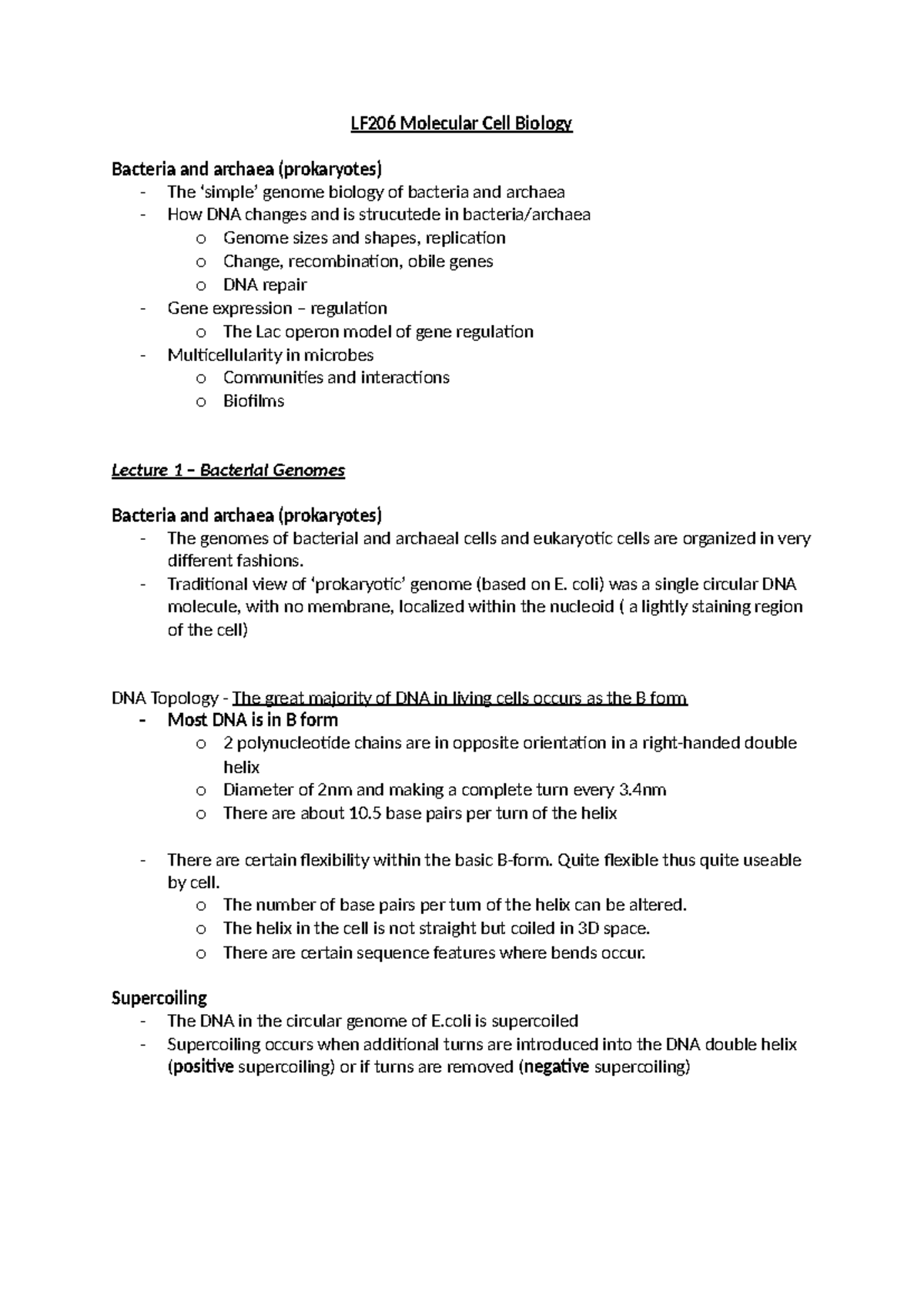 Lecture 1 - LF206 Molecular Cell Biology Bacteria and archaea ...