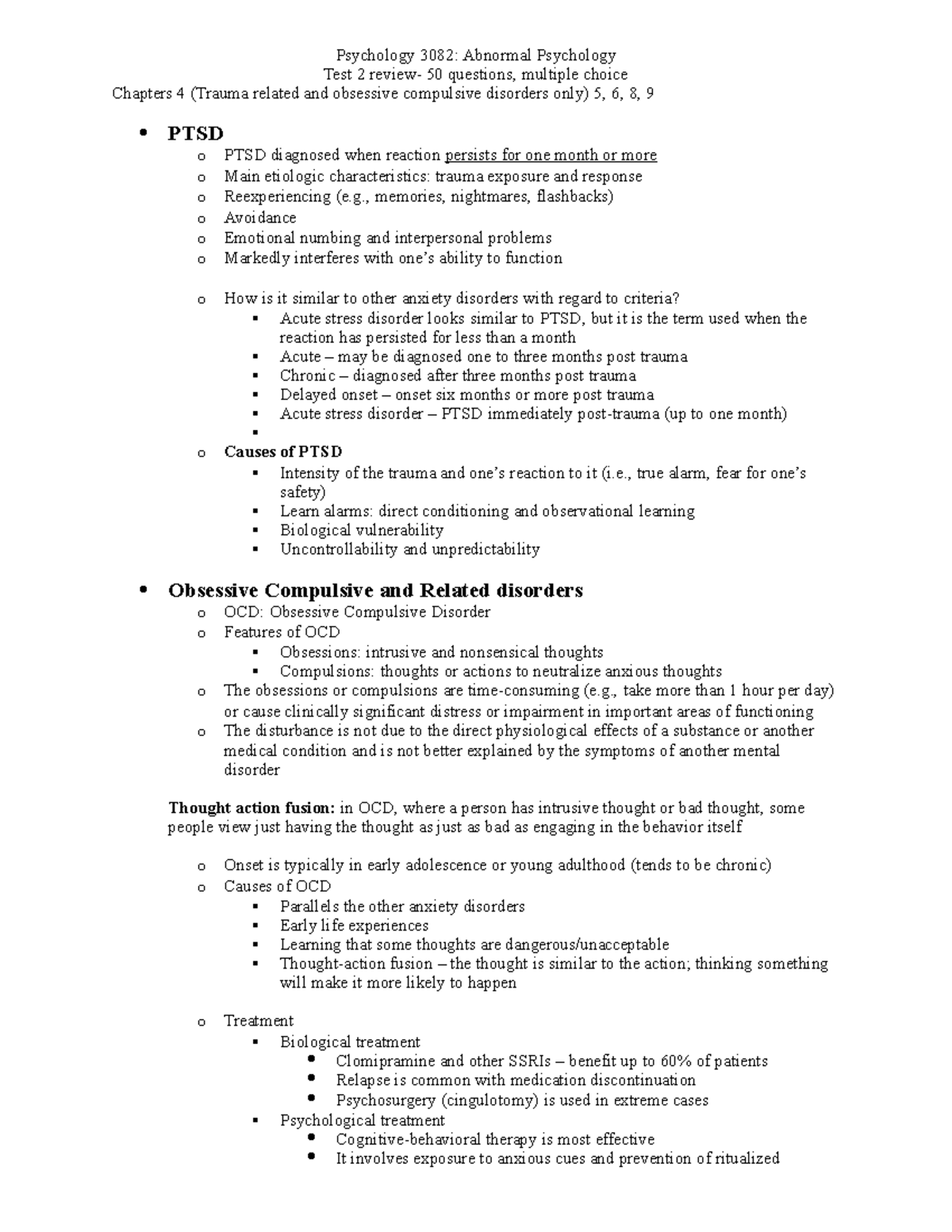 Exam 2 Study Guide Psych 3082 - Psychology 3082: Abnormal Psychology ...