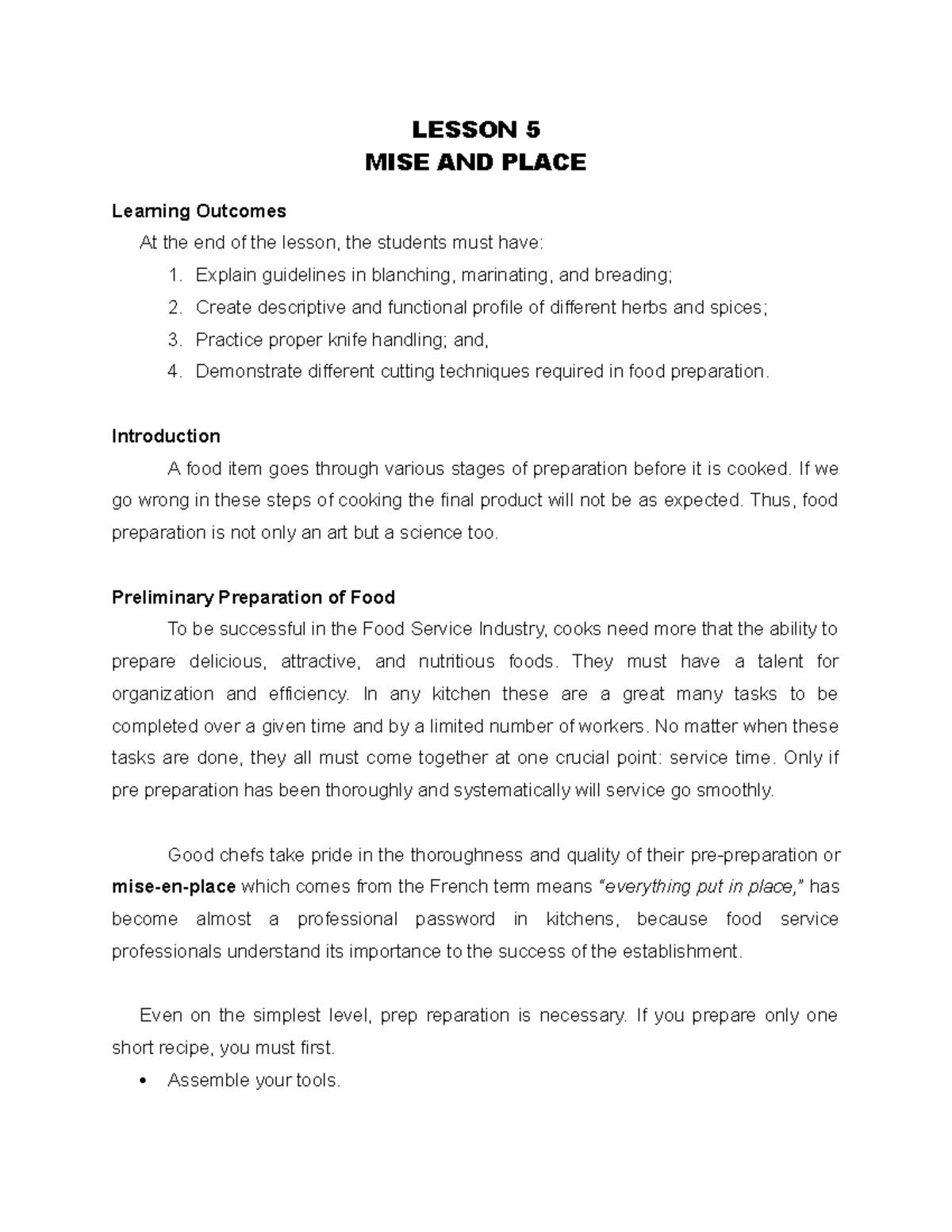 Lesson 5-Mise and Place - LESSON 5 MISE AND PLACE Learning Outcomes At ...