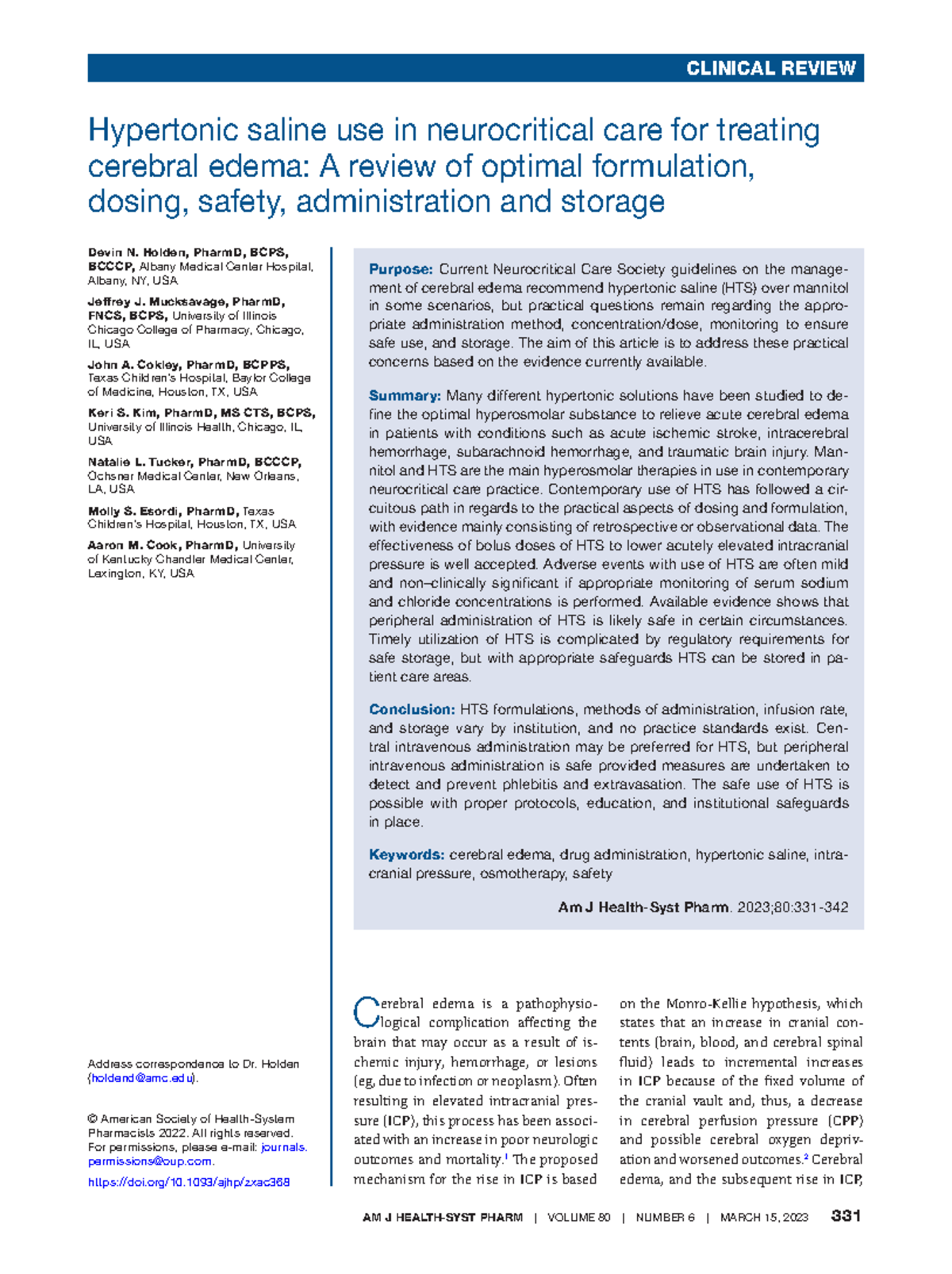 Salina hipertonica neurocritico - CliniCal Review Devin n. Holden ...
