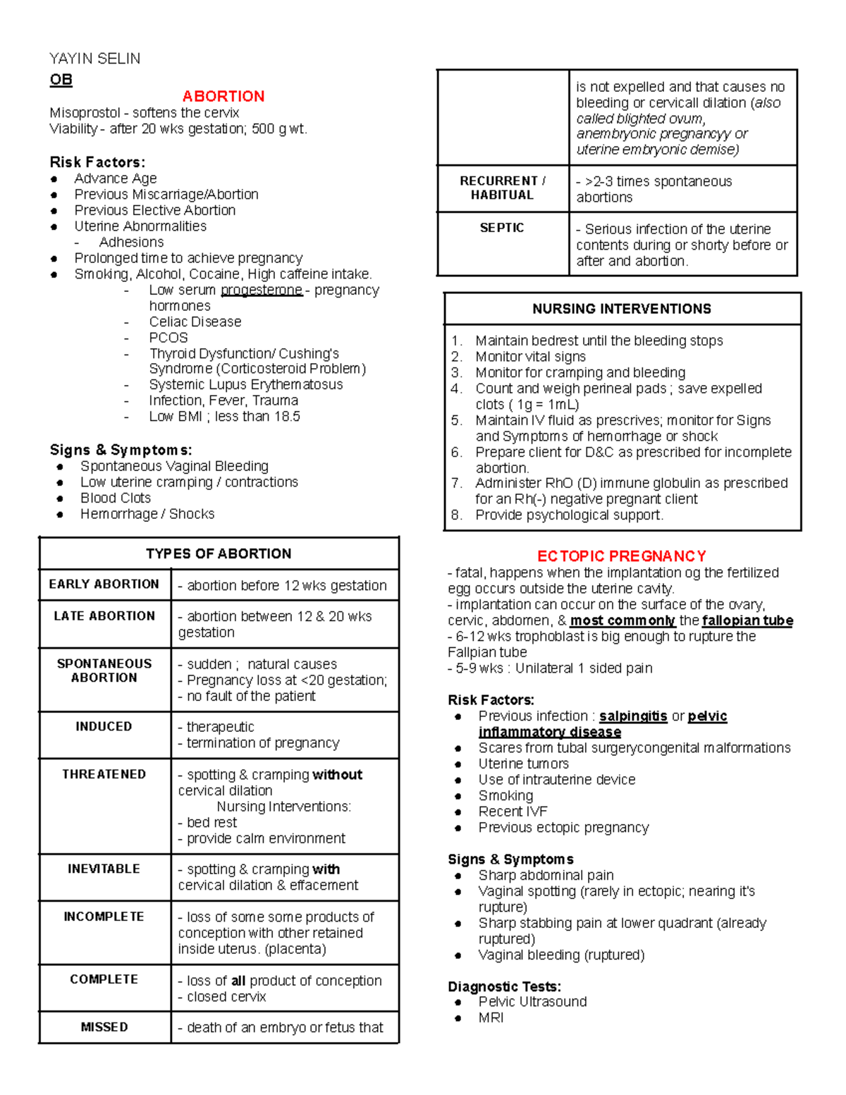 OB-Mid Terms - OB Maternal Lecture notes - OB ABORTION Misoprostol ...
