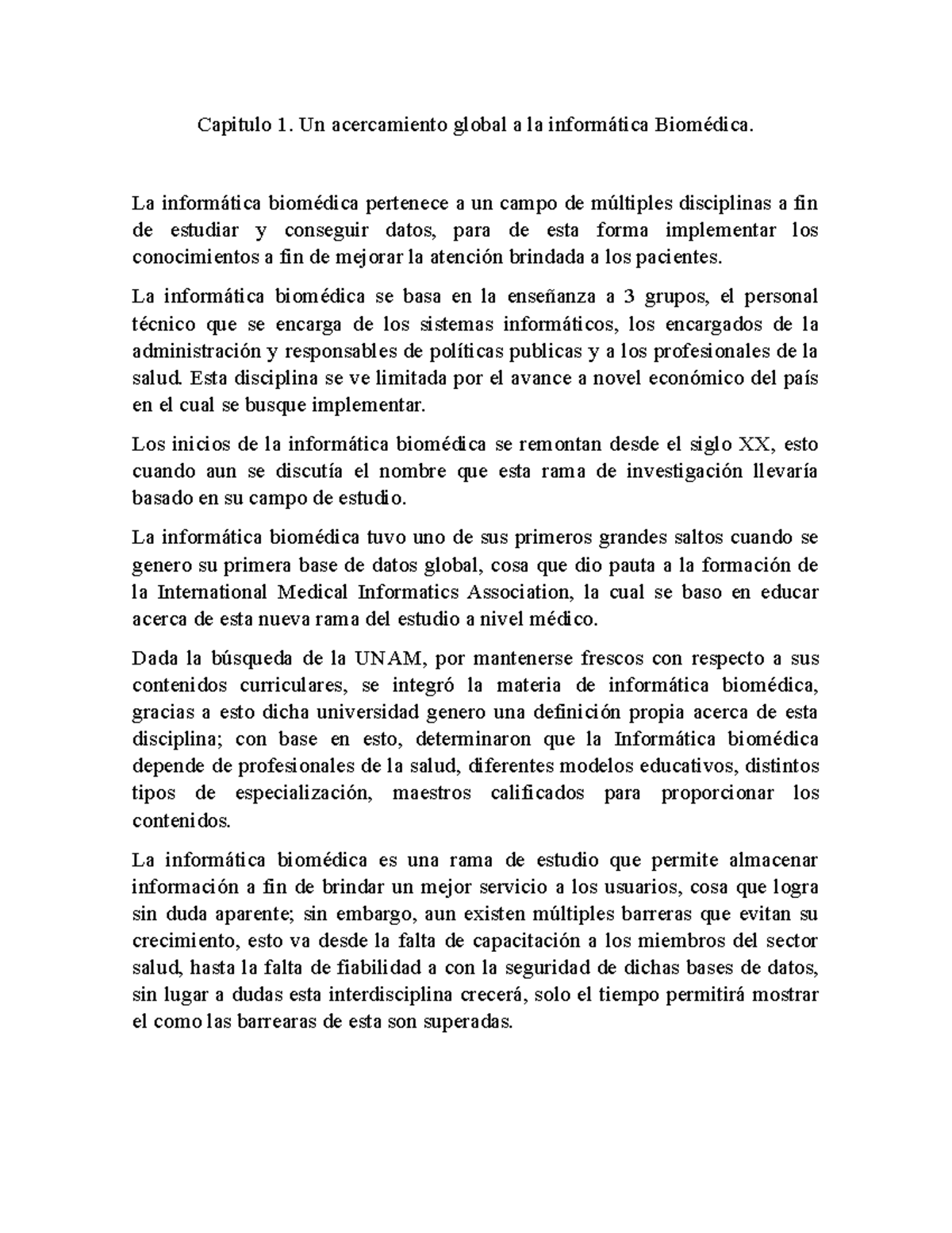 Tema 1. Introducción a la Informática Biomédica - Capitulo 1. Un acercamiento global a la - Studocu