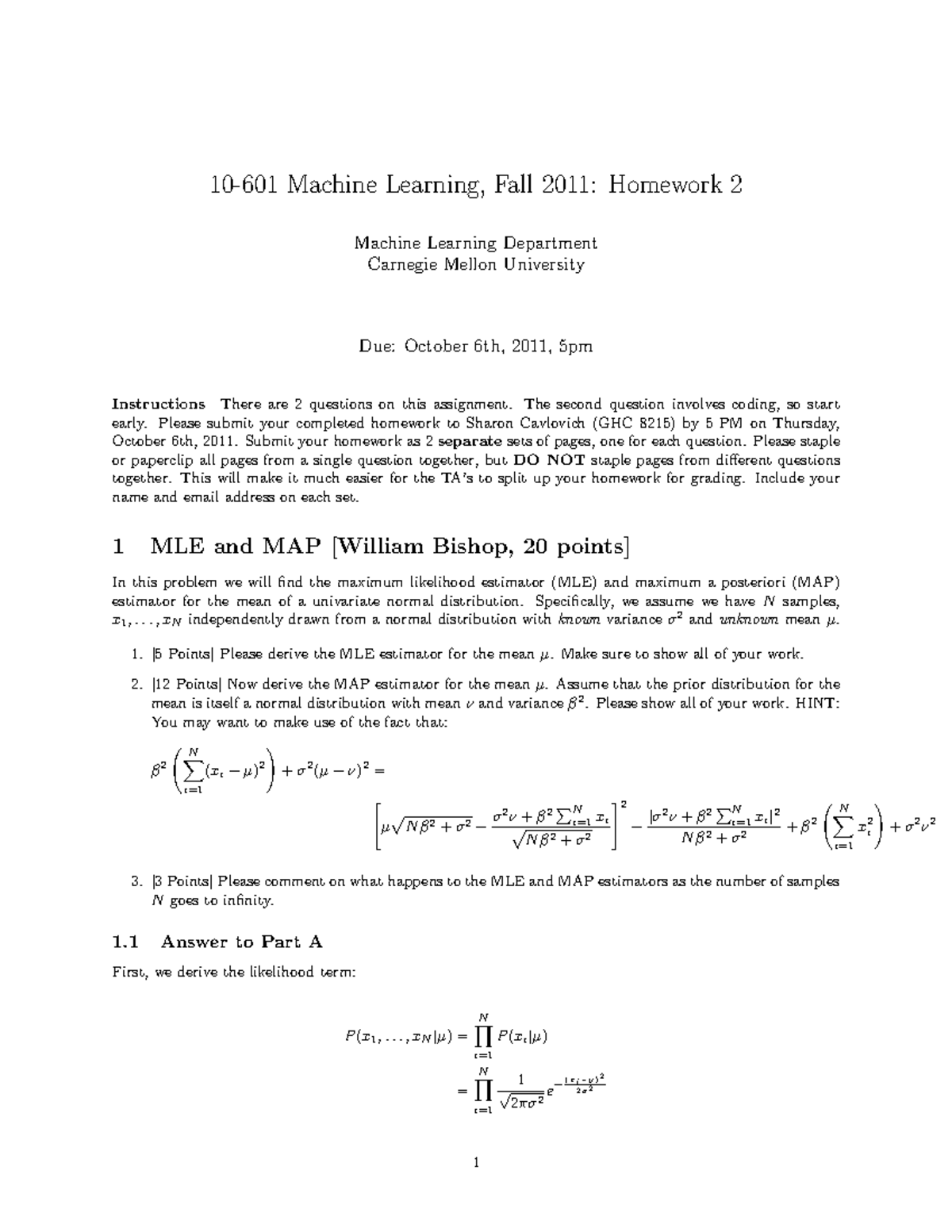 MLE Y MAP OF THE Normal Distribution - 10-601 Machine Learning, Fall ...