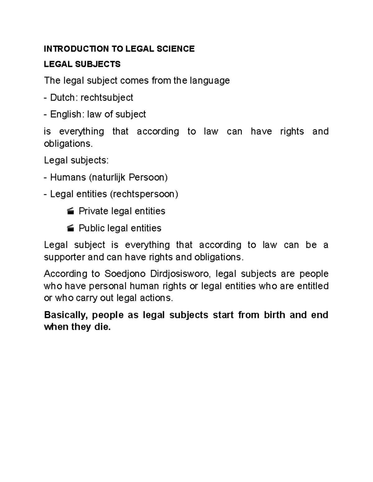 Legal Subjects - INTRODUCTION TO LEGAL SCIENCE LEGAL SUBJECTS The legal ...