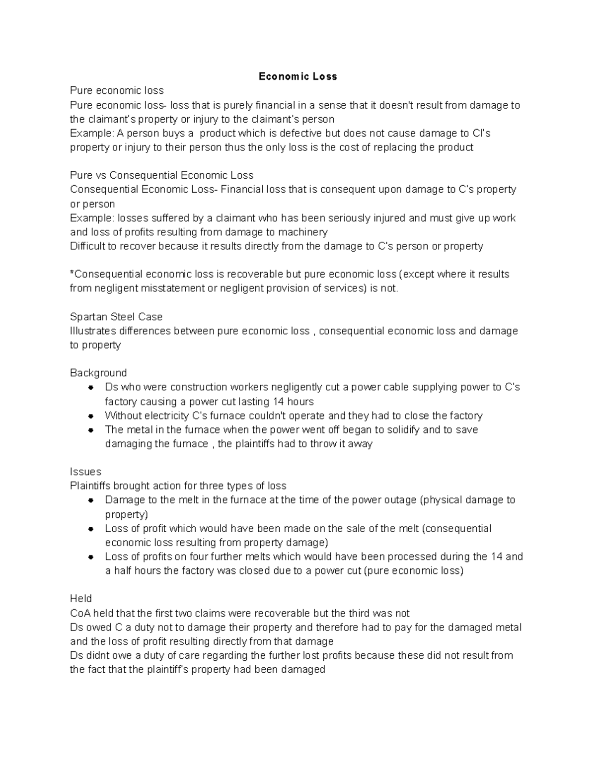 Economic Loss notes - Tort - Economic Loss Pure economic loss Pure ...