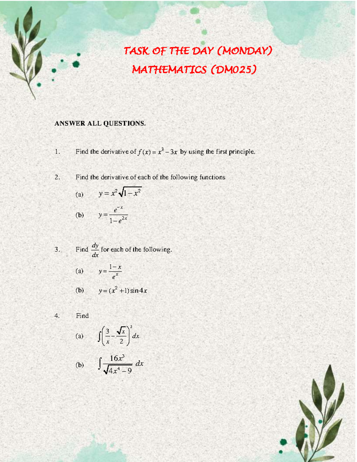 Revision MATH - TASK OF THE DAY (MONDAY) MATHEMATICS (DM025) ANSWER ALL ...
