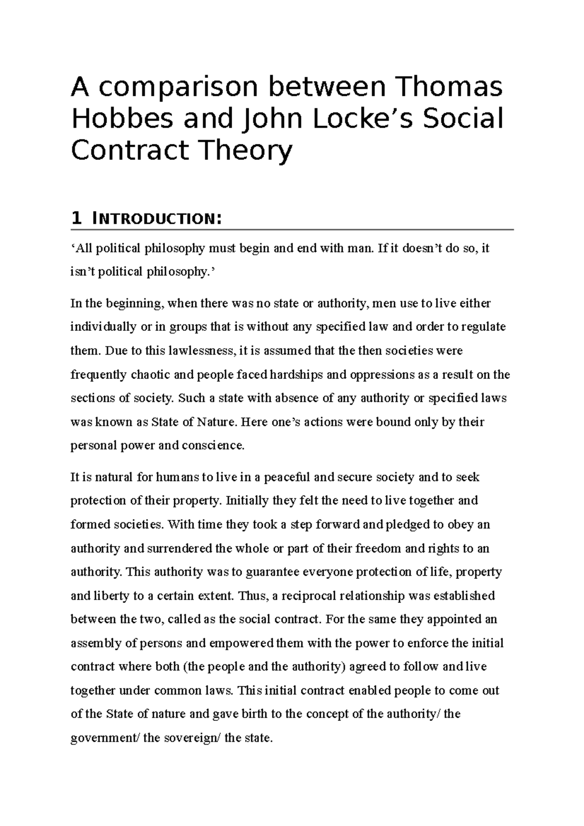 A comparison between Thomas Hobbes and John Locke’s Social Contract ...