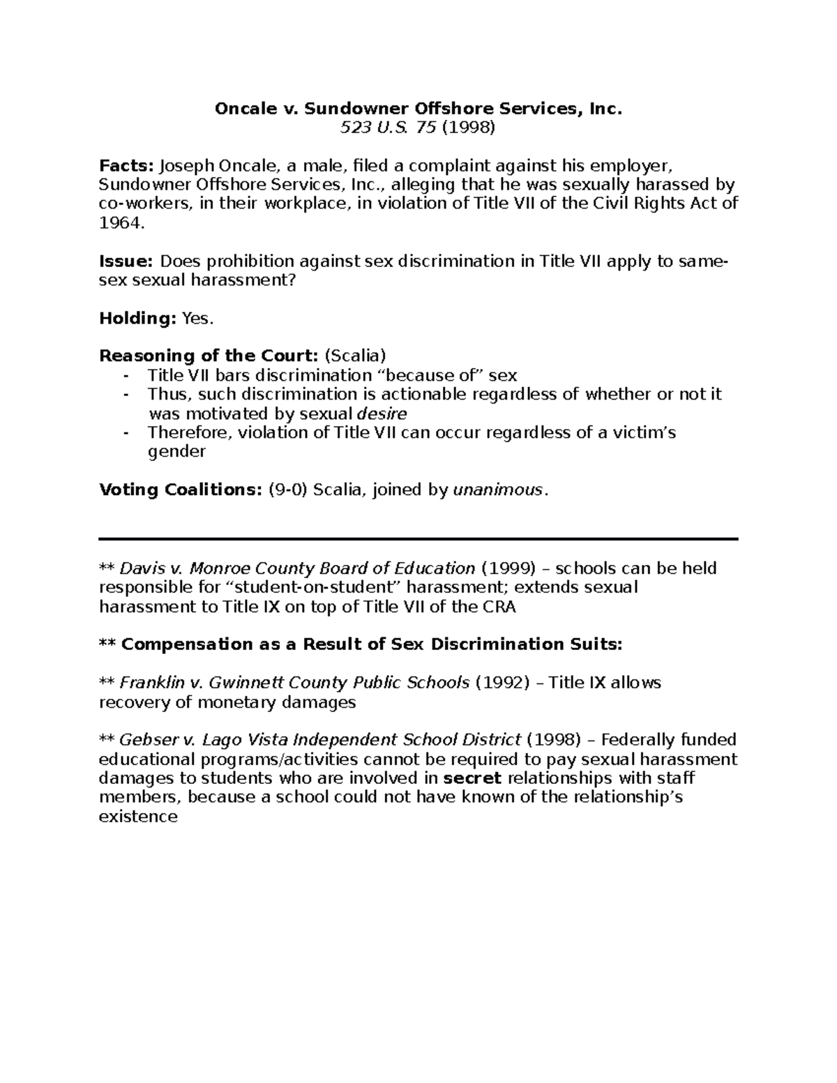 Oncale v Sundowner - POLS/AAST 356 taught by Professor Kevin Lyles ...
