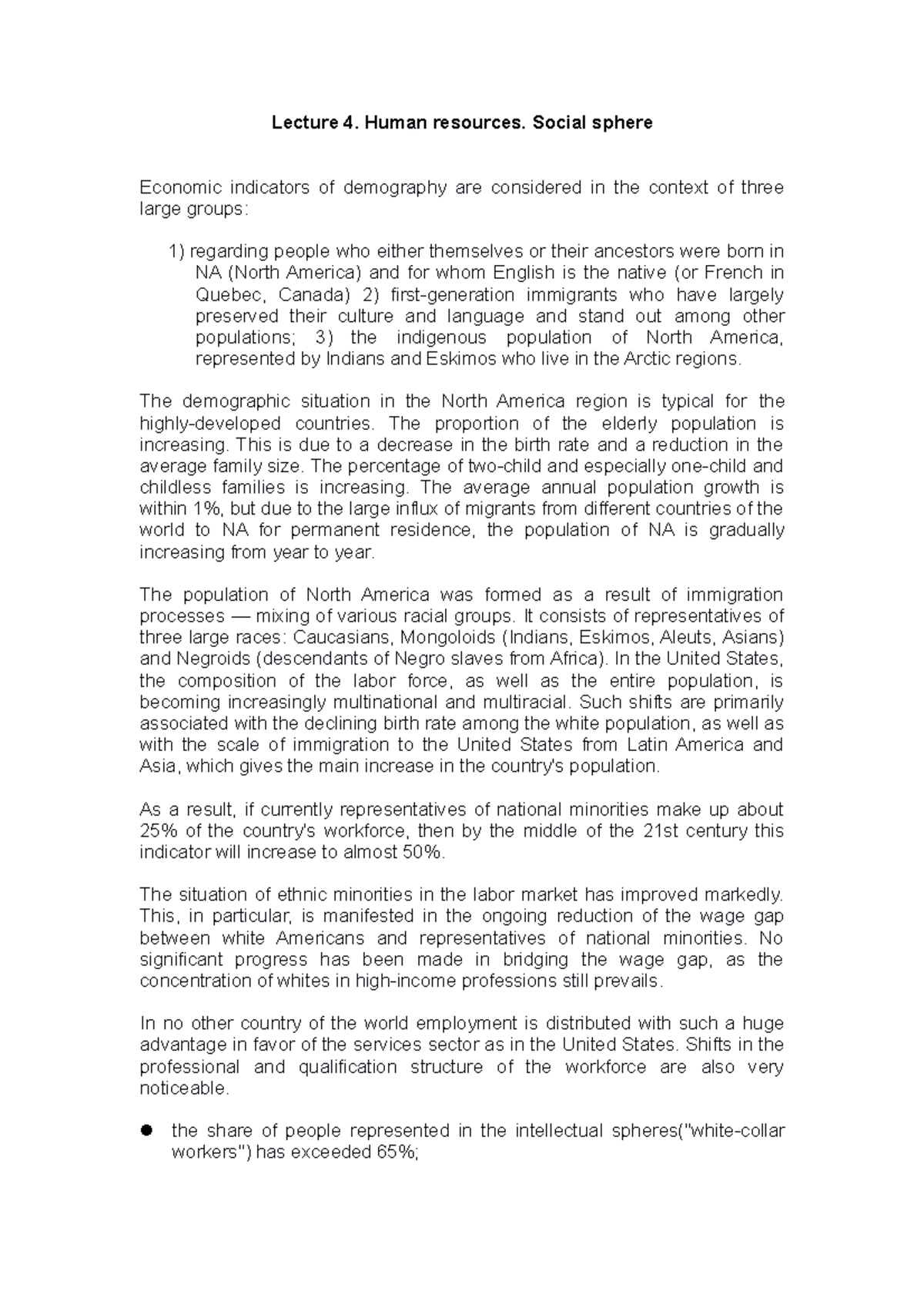 Human resources. Social sphere in America - Lecture 4. Human resources ...