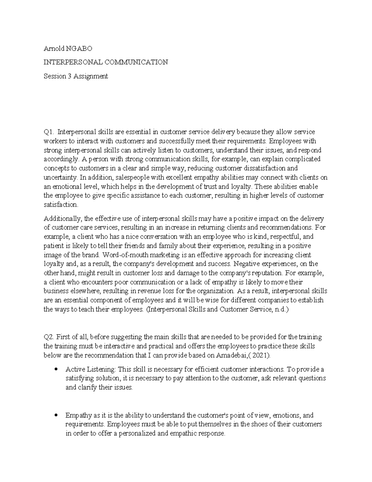 Interpersonal Communication Session 20 Assignment Arnold Ngabo