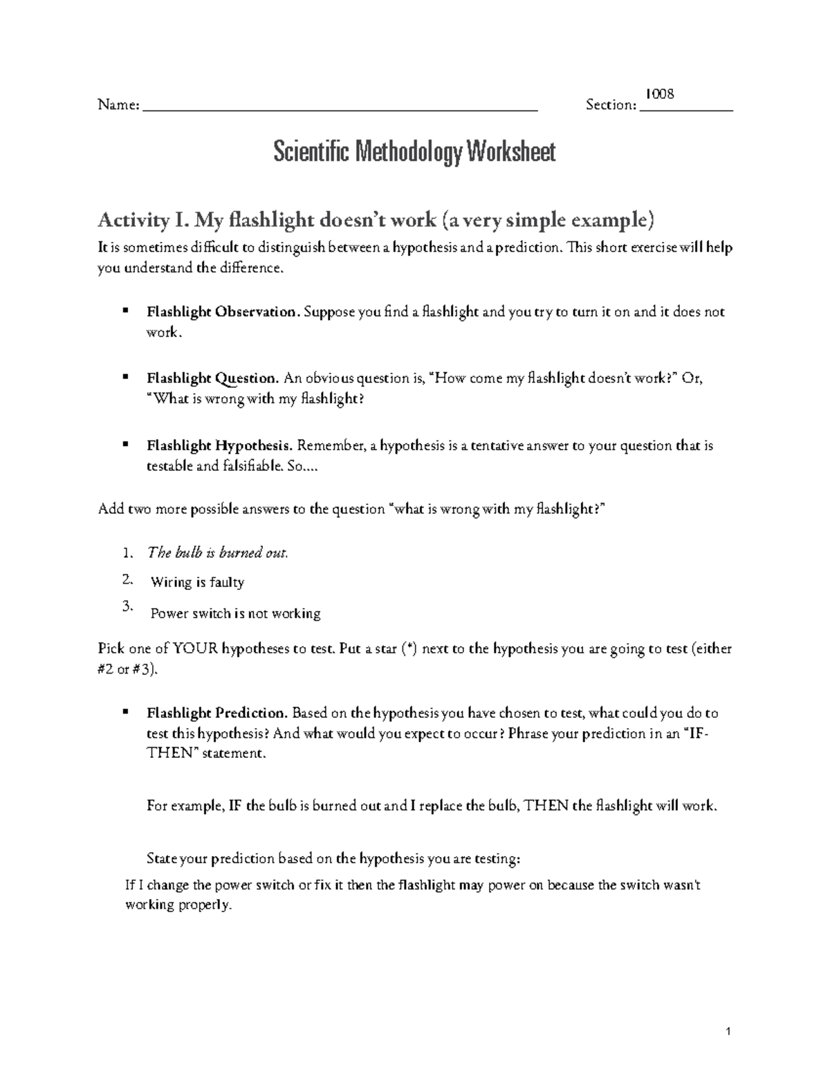 Worksheet Scientific Methodology - Name: Section: Scientific ...