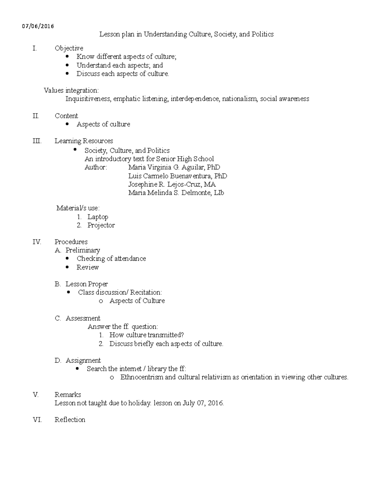 Lesson plan5 - 07/06/ Lesson plan in Understanding Culture, Society ...