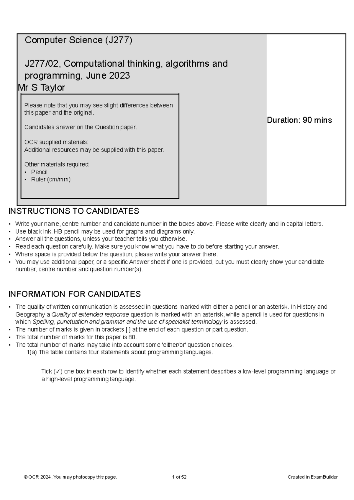 J277 02 2023 - zxcz - Computer Science (J277) J277/02, Computational thinking, algorithms and ...