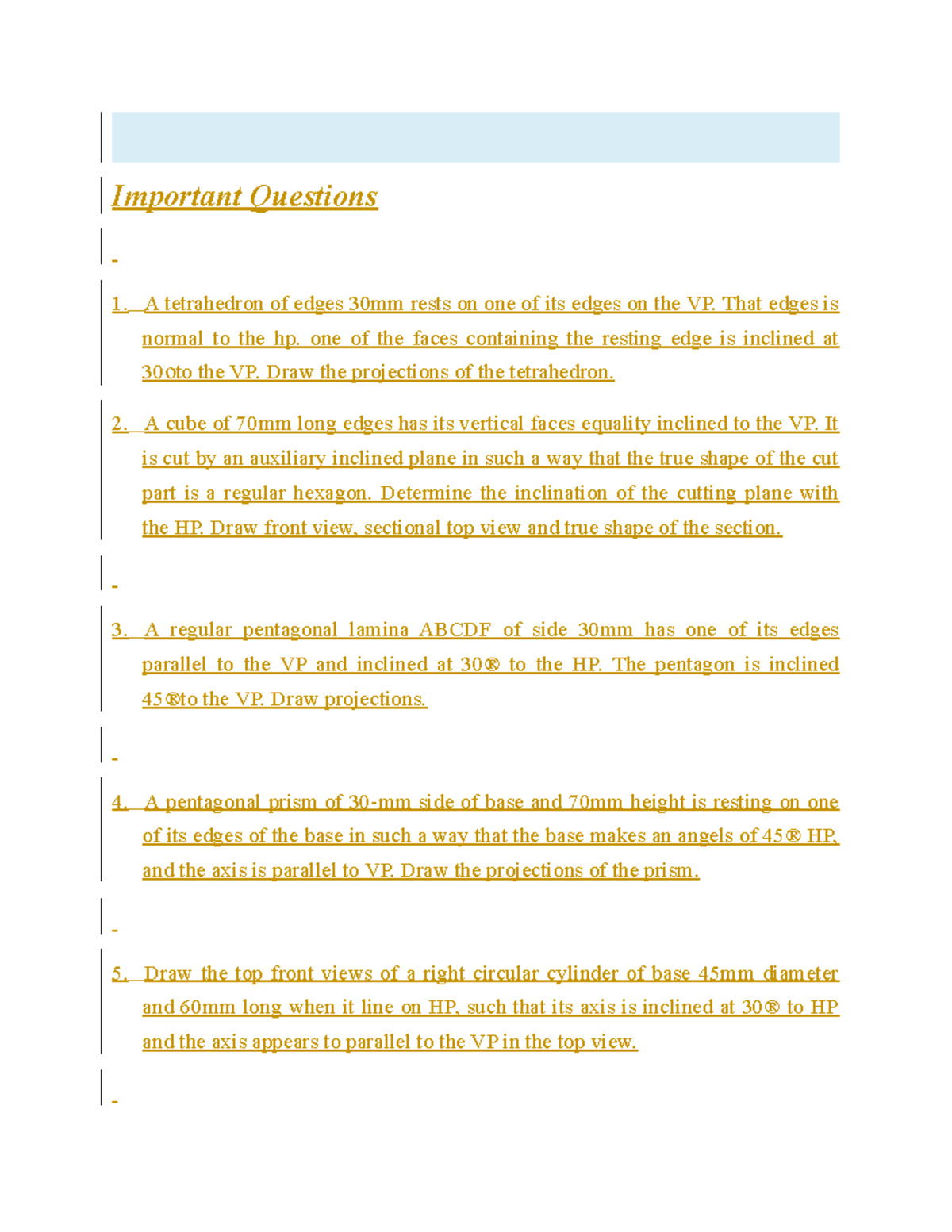 Important Questions for section of solids - Important Questions A ...