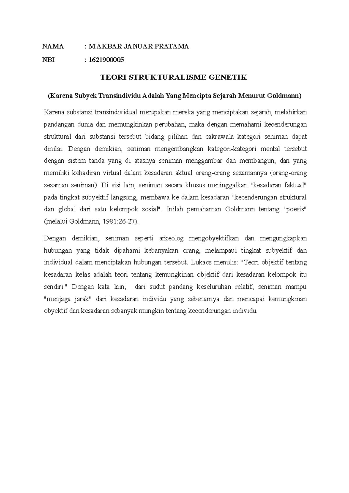 Teori Strukturalisme Genetik (Karena Subyek Transindividu Adalah Yang ...