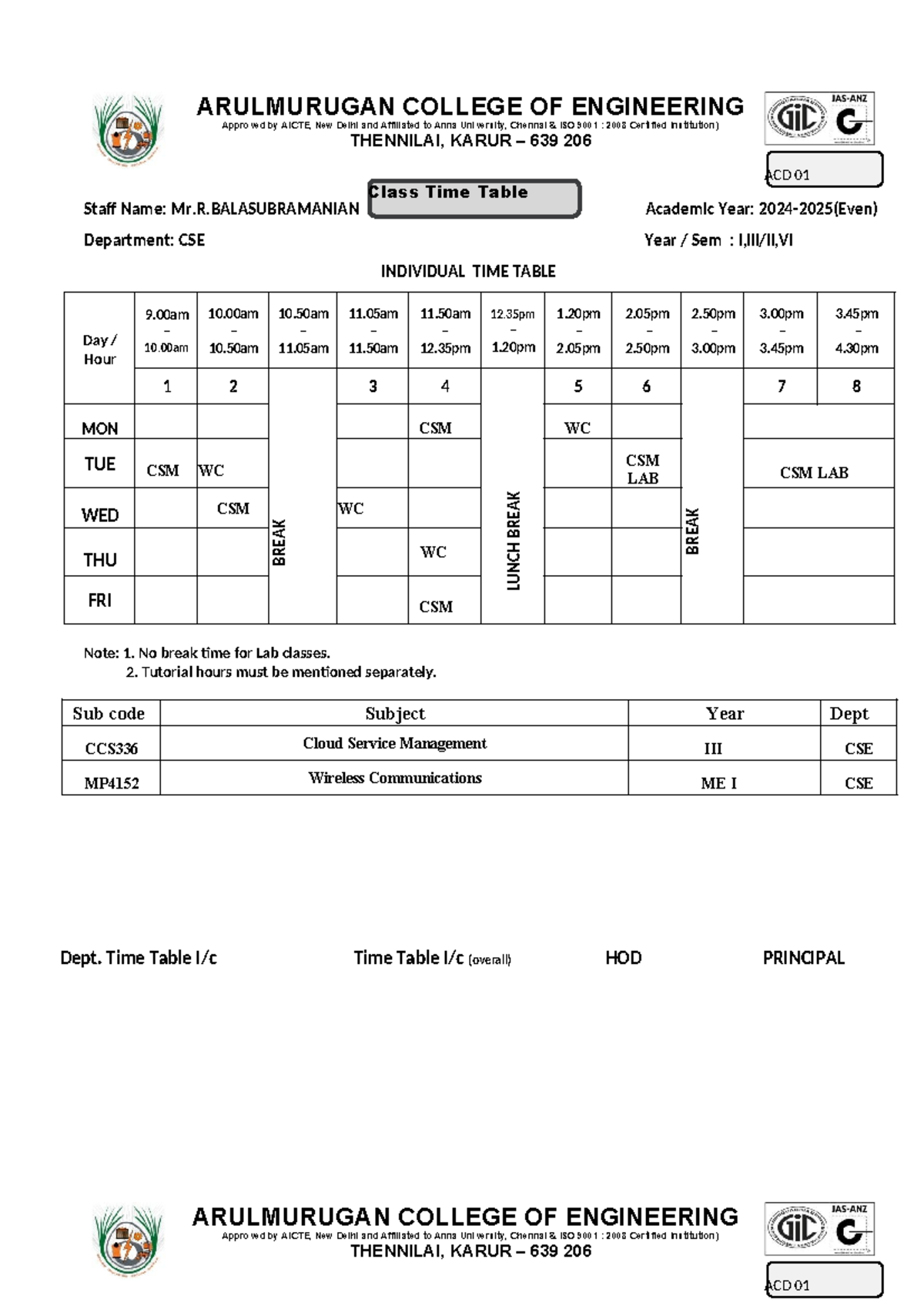 Individual Faculty TIME Table - Class Time Table ARULMURUGAN COLLEGE OF ...