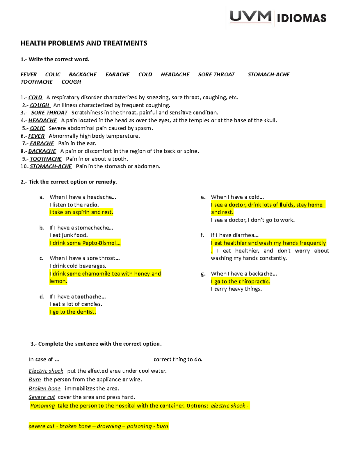 Level 2 - Unit 3 Worksheet 1 - HEALTH PROBLEMS AND TREATMENTS 1.- Write ...