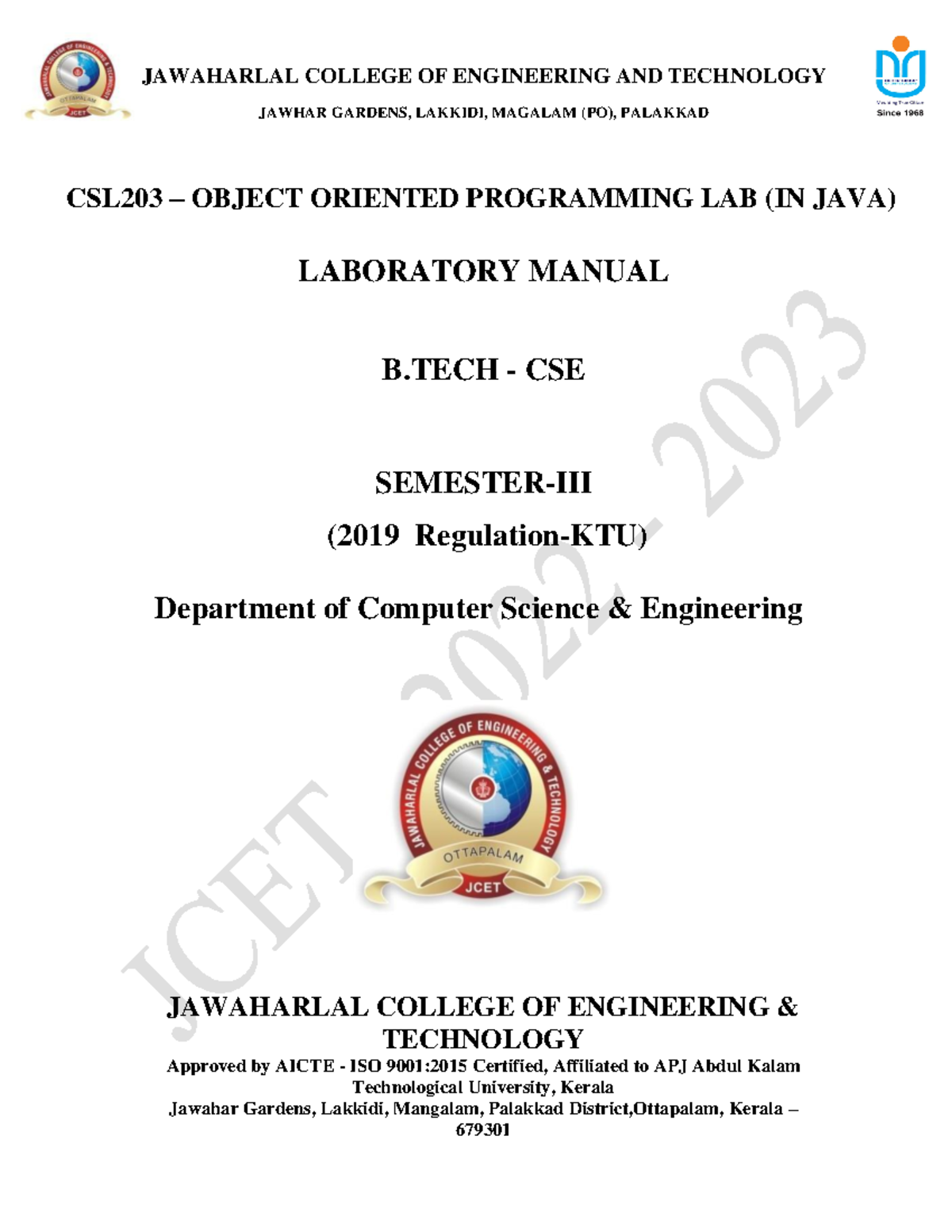 CSL203 OOPJ Lab Manual - uuubwjwmwkw - JAWHAR GARDENS, LAKKIDI, MAGALAM (PO), PALAKKAD CSL203 ...