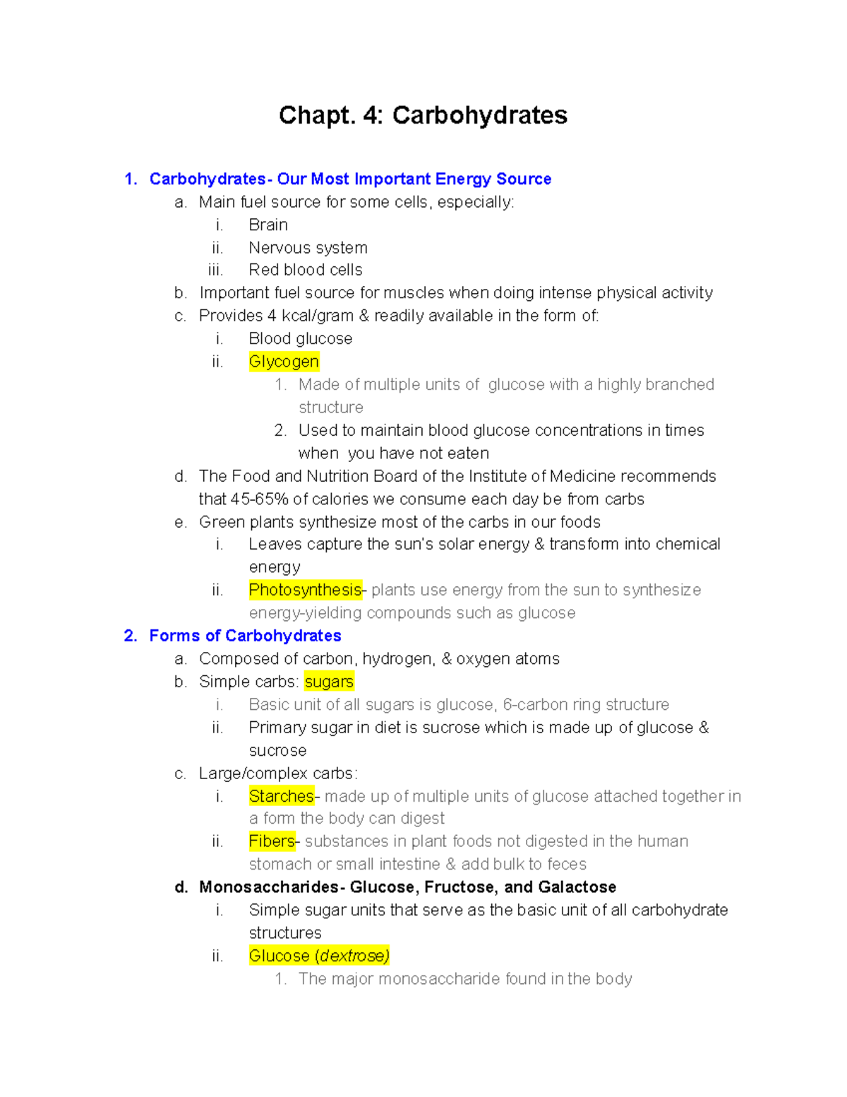 KNH 102 notes-7 - Chapter Notes - Chapt. 4: Carbohydrates 1 ...