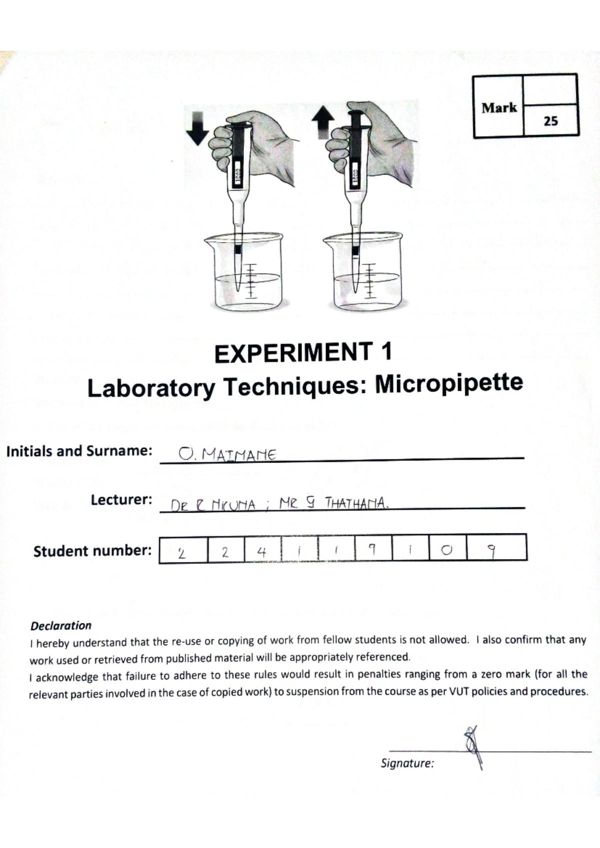 EXPERIMENT 1,5,3 - Mark 25 11003 EXPERIMENT 1 Laboratory Techniques ...