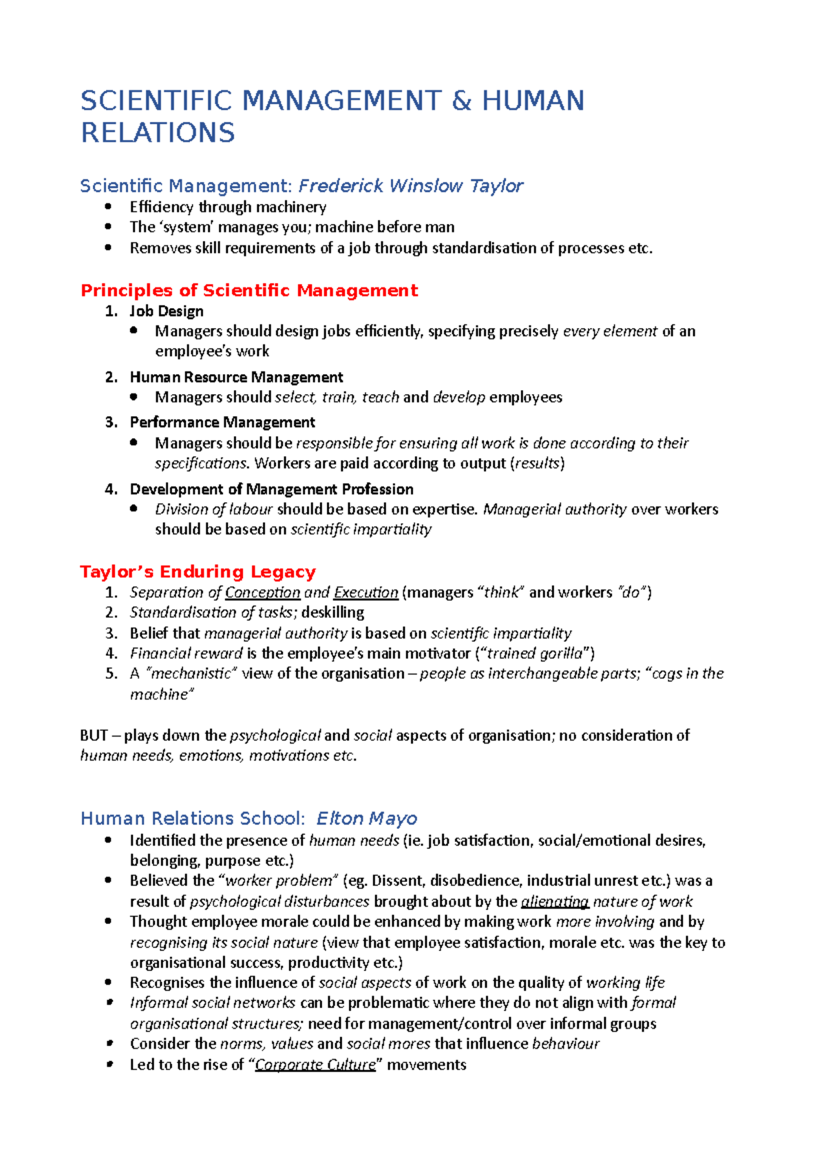 OB Micro Topics - Summary - SCIENTIFIC MANAGEMENT HUMAN RELATIONS ...