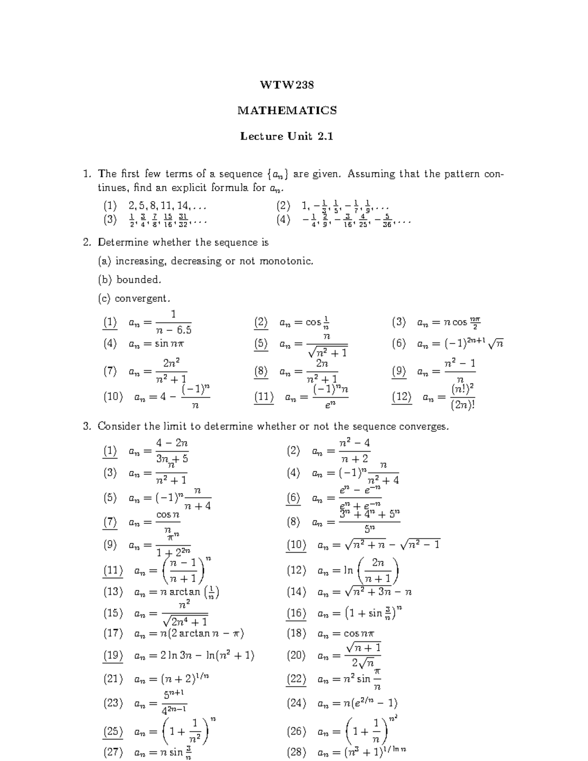 2020 Lecture unit 2.1 (5 Feb) - WTW MATHEMATICS Lecture Unit 2. The ...